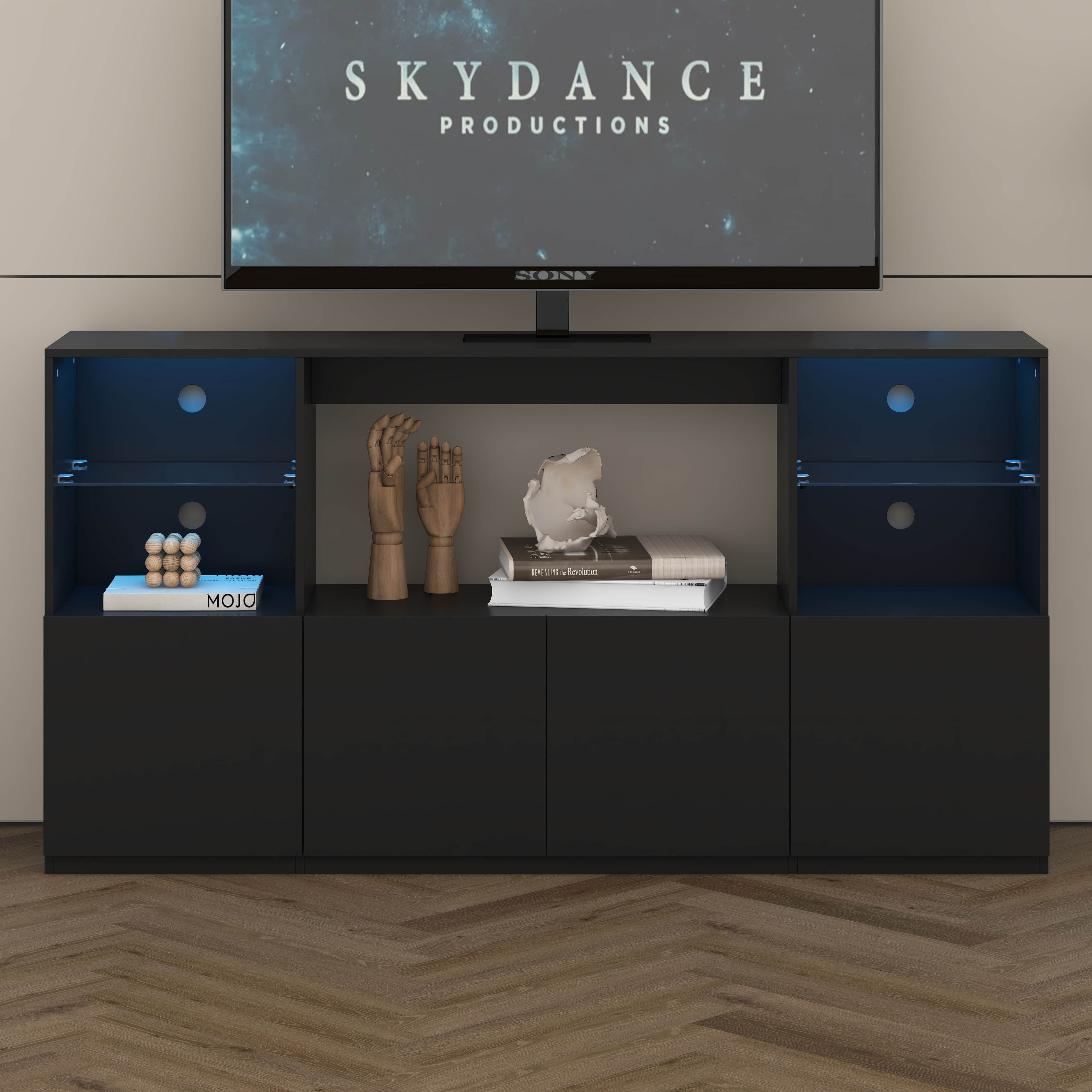 Ivy Bronx 67" High Gloss TV Stand With LED Lights, Media Console W/Tempered Glass Shelves, TV ...
